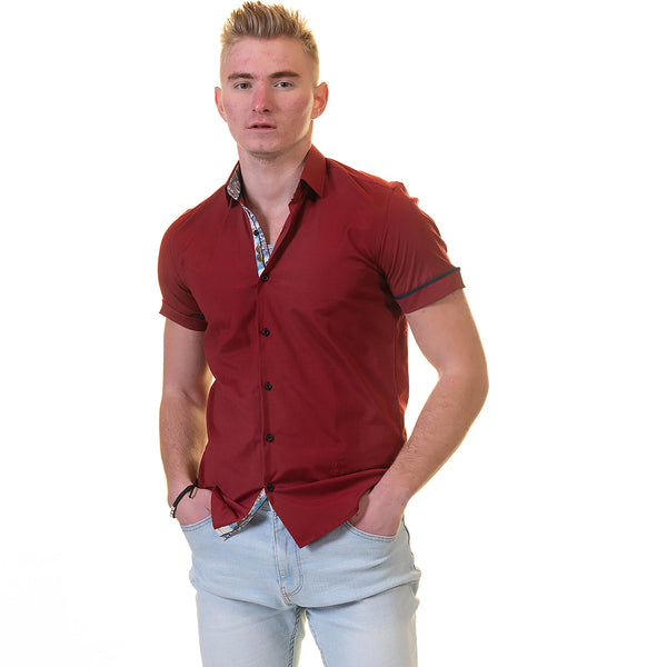 Dark Red Short Sleeve Button up Shirts for Men - Tailored Slim Fit Cot ...
